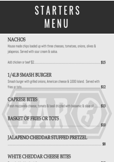 BAR3 STARTERS MENU FRONT | PosterMyWall
