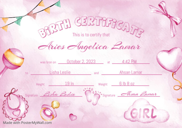 Pink Birth Certificate for Girl | PosterMyWall
