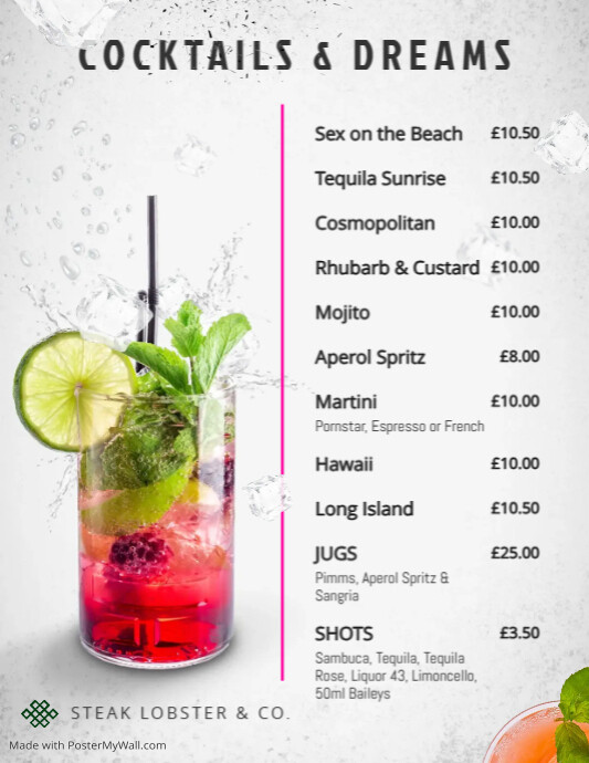 White Refreshing Cocktail Menu Template | PosterMyWall
