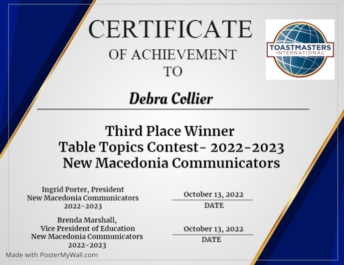 3rd place - Debra Collier - NMC Table Topics 2022-2023CERTIFICATE ...