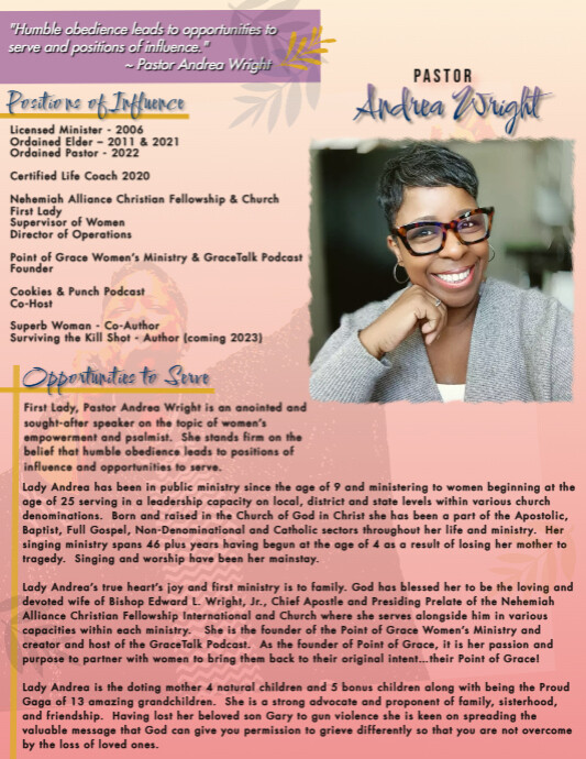 Pastor Andrea Wright Bio 2024 | PosterMyWall