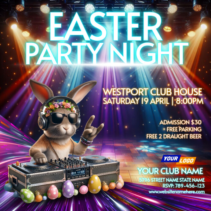 Easter Bunny DJ Night Party Template | PosterMyWall