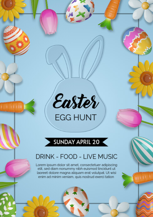easter egg hunt poster with colorful eggs, carrots and flowers Template ...