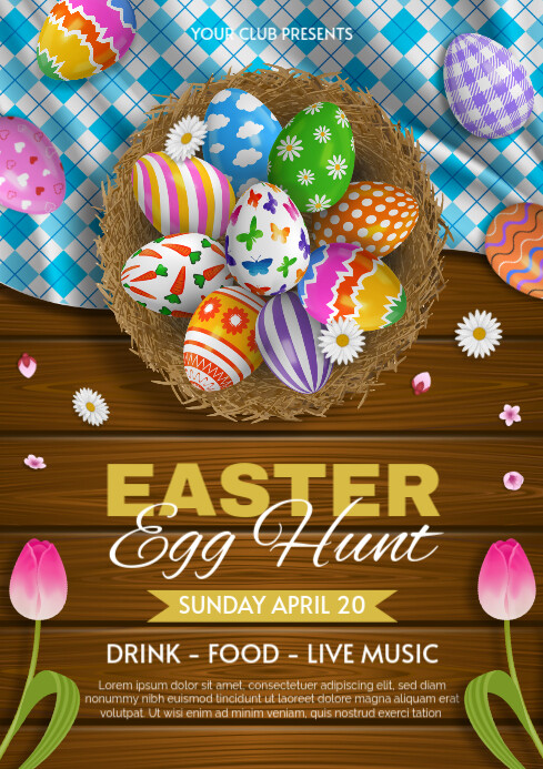 easter egg hunt poster with colorful eggs in a nest and flowers o a ...