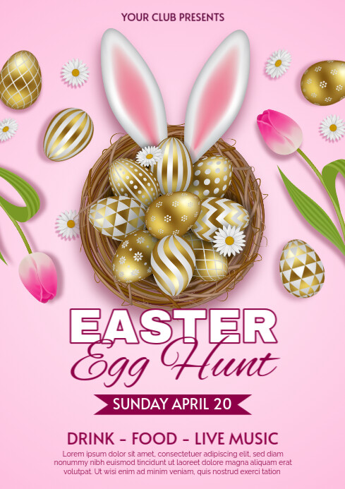 easter egg hunt poster with gold and white eggs in a nest with rabbit ...