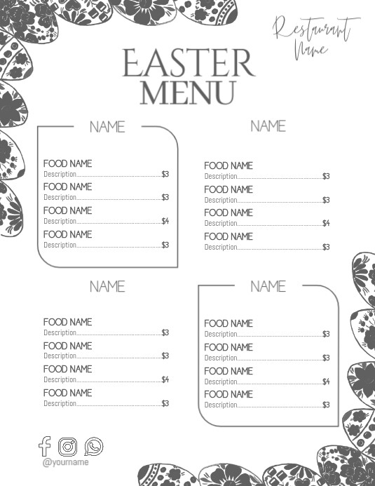 Plantilla de Easter Menu Flyer Elegant Printable Black Whi | PosterMyWall