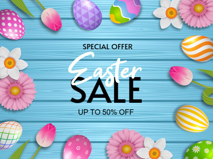 easter sale poster with flowers and colorful eggs on blue wooden board ...