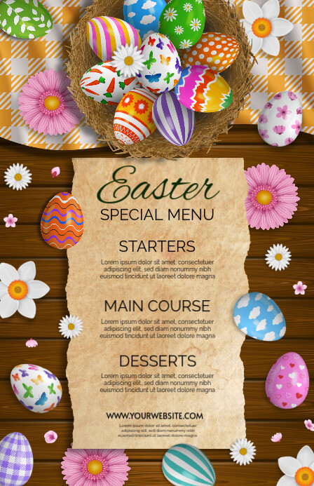 Copy of easter special menu with colorful eggs in a nest and flowers on wooden table with ...