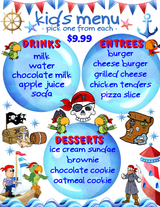 Easy Edit Kid Menu Parrot Pirate Letter Size | PosterMyWall