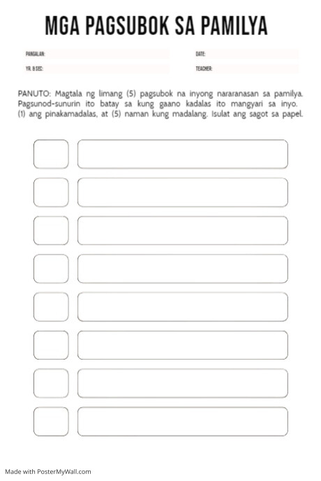 Mga Pagsubok sa Pamilya_Worksheet | PosterMyWall