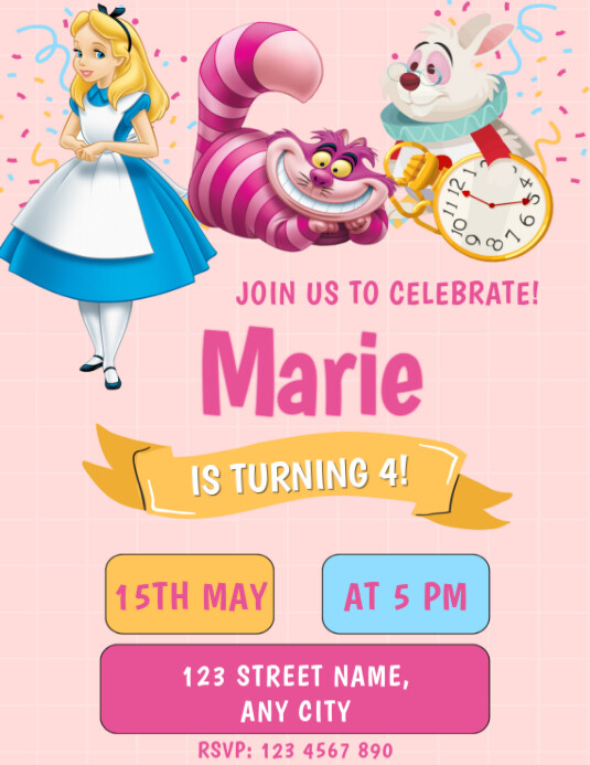 Editable Alice in Wonderland Birthday Invitation Template | PosterMyWall