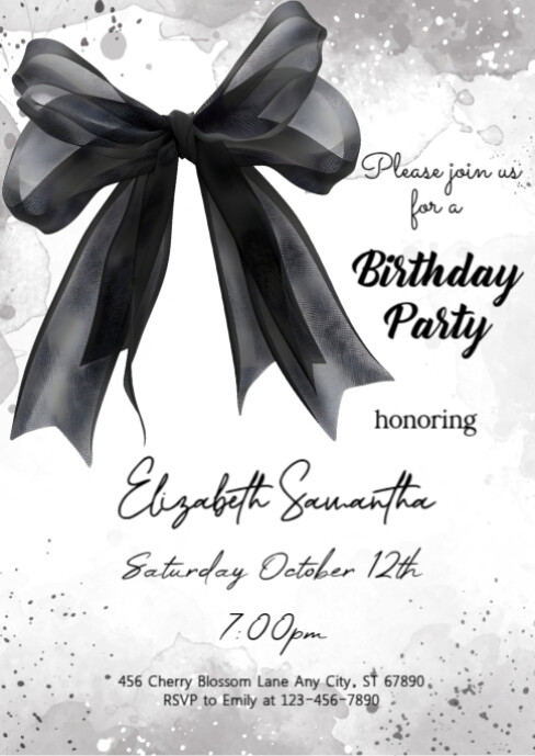 Editable Black Bow Birthday Invitation Template | PosterMyWall