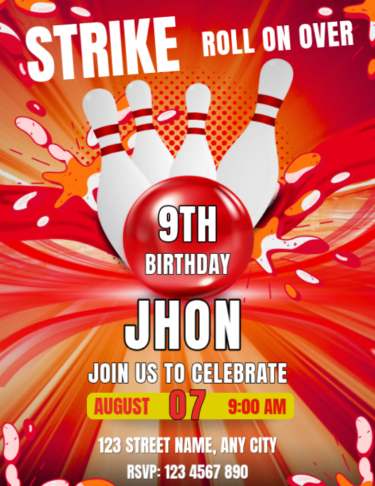 Editable Bowling Birthday Invitation Template | PosterMyWall