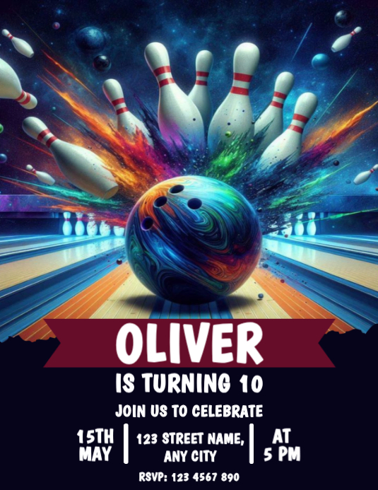 Editable Bowling Party Birthday Invitation Template | PosterMyWall