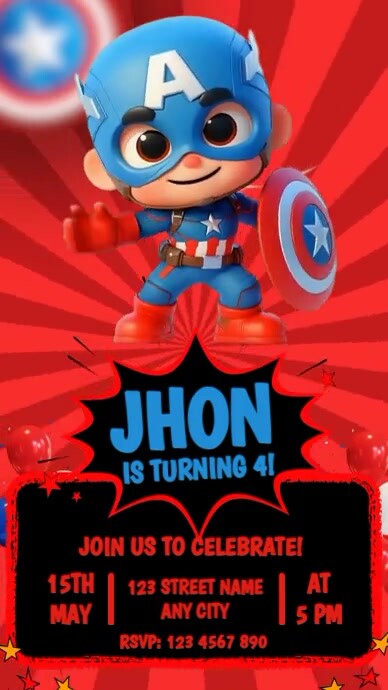 Editable Captain America Birthday Invitation Video Template | PosterMyWall