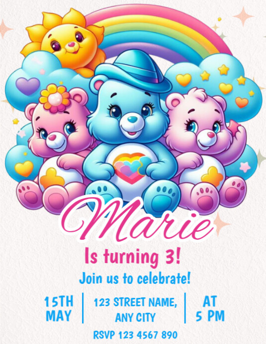 Editable Care Bears Birthday Invitation Template | PosterMyWall