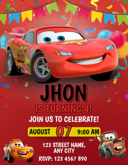 Editable Cars Lightning McQueen Birthday invitation templaat | PosterMyWall