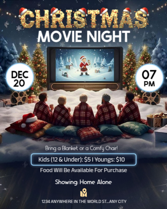 Editable Christmas Movie Night Flyer Template | Family Holiday Event ...