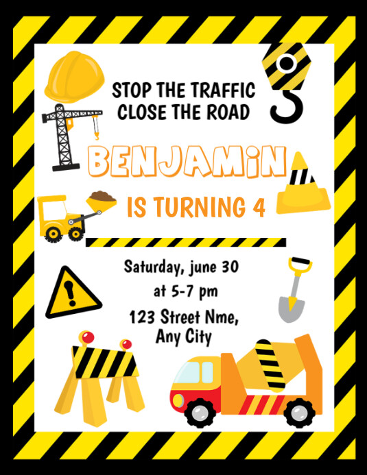 Editable Construction birthday invitation Template | PosterMyWall