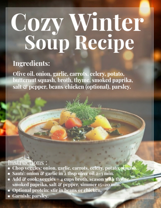 Editable Cozy Winter Soup Recipe Flyer | Printable Food Template ...