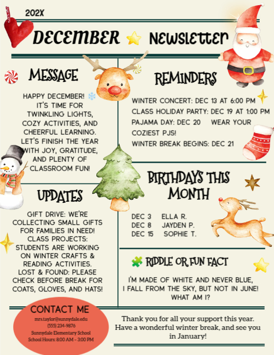 Editable December Classroom Newsletter Template | PosterMyWall