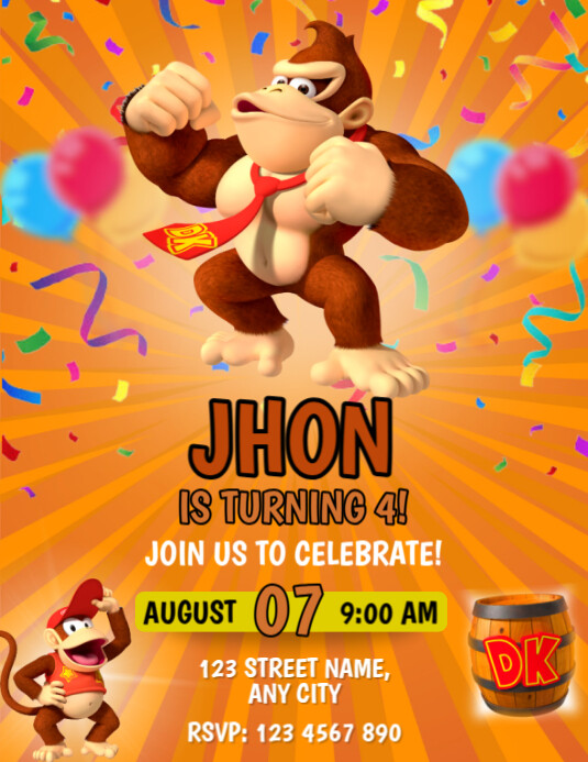 Editable Donkey Kong Birthday invitation Template | PosterMyWall