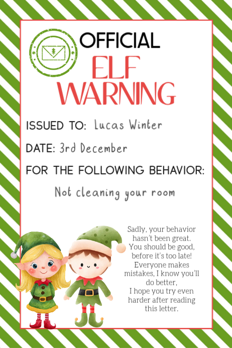 EDITABLE Elf Warning Letter Template | PosterMyWall