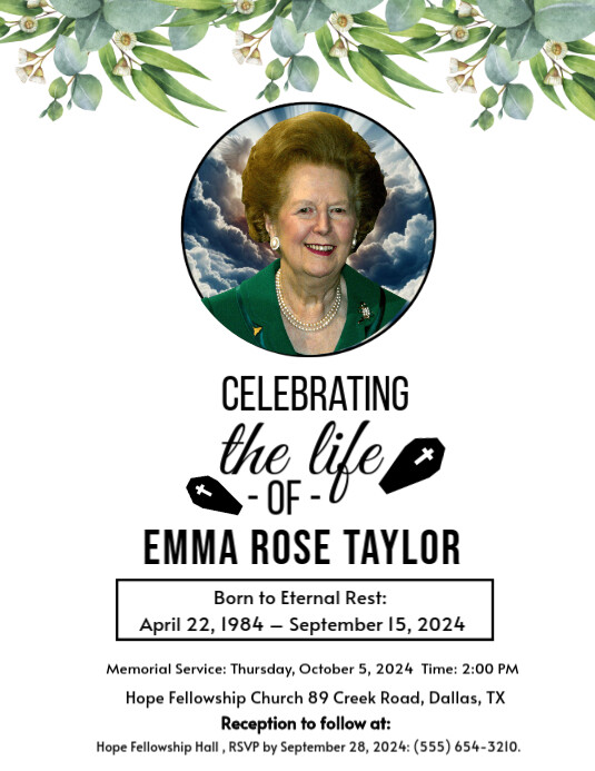 Editable Eucalyptus Leaves Funeral Announcement Template | PosterMyWall