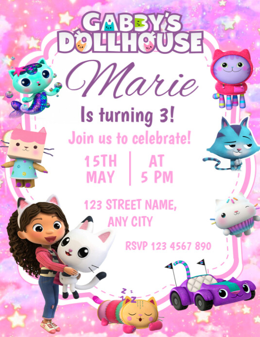 Plantilla de Editable gabby's dollhouse birthday invitation | PosterMyWall