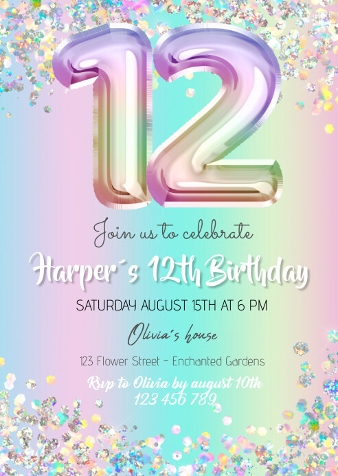 Copy of Editable Girls 12th Birthday Invitation Glitt | PosterMyWall