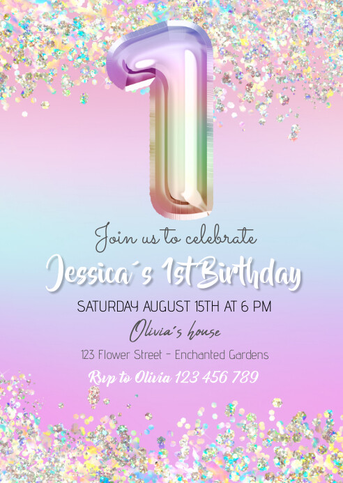 Copy of Editable glitter balloon 1st Birthday Invitat | PosterMyWall