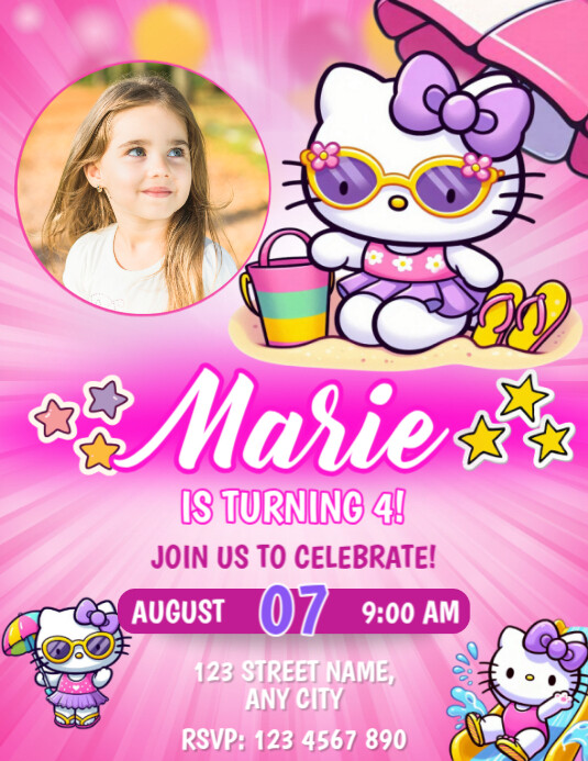 Modèle Editable Hello Kitty Pool Party Photo Birthday Invitation ...
