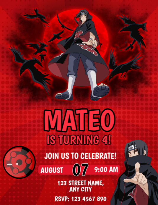 Plantilla de Editable Itachi Uchiha Naruto Birthday Invitation ...