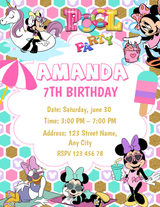 Editable Minnie Mouse Pool Party Invitation Template | PosterMyWall