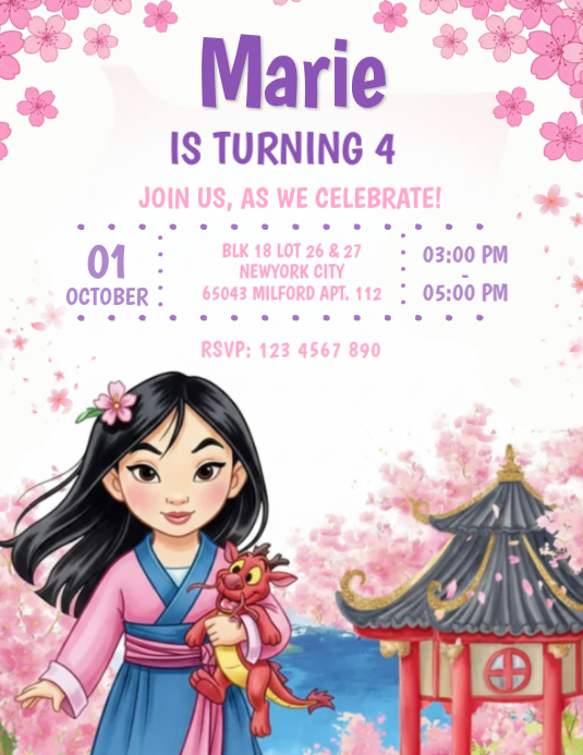 Editable Mulan Birthday Invitation Template | PosterMyWall