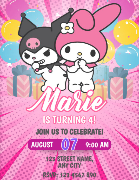 Editable My Melody and Kuromi Birthday Invitation Template | PosterMyWall