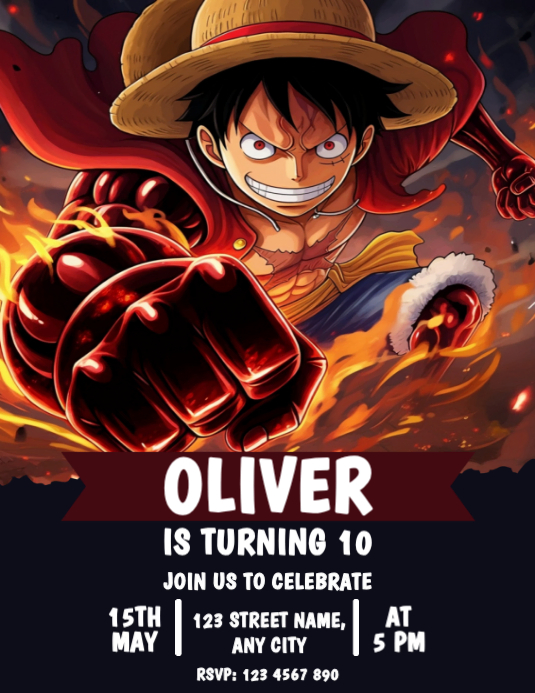 Modèle Editable One Piece Luffy Birthday Invitation | PosterMyWall