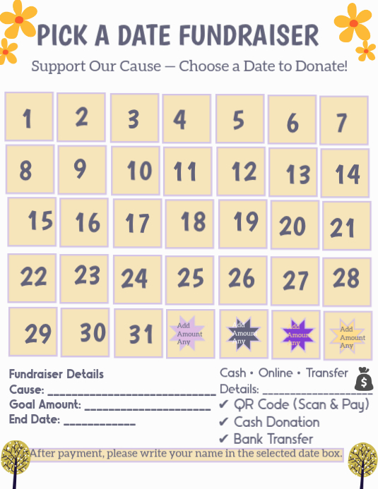 EDITABLE Pick a Date Fundraiser, Calendar Template | PosterMyWall