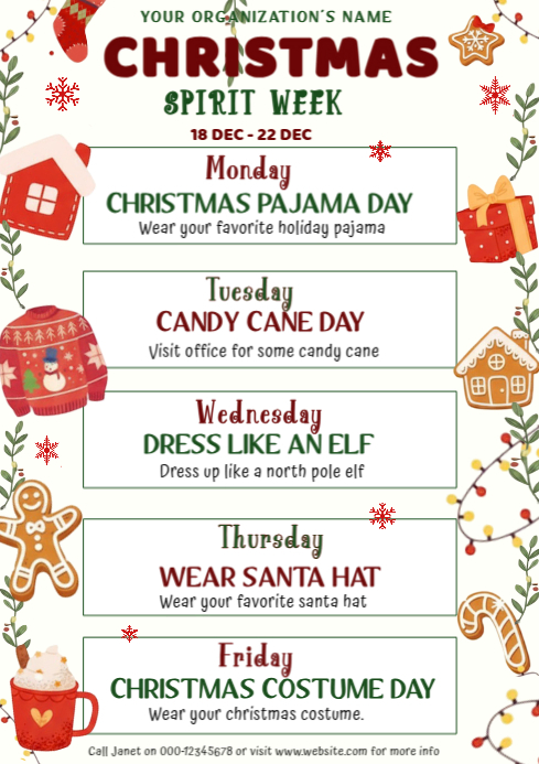 Editable printable Christmas Spirit Week Poster Template School ...