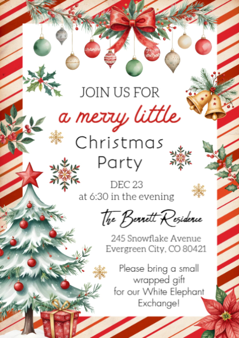 Editable Red Bow Holiday Gathering Invitation Template | PosterMyWall