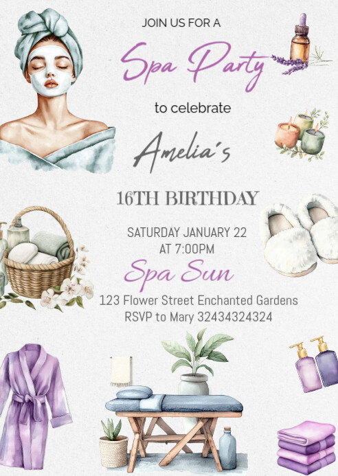 editable Spa Party Birthday Invitation Template | PosterMyWall