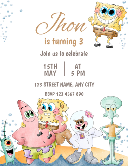 Editable SpongeBob Watercolor Birthday Invitation Template | PosterMyWall