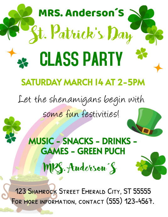 EDITABLE St. Patrick's Day Class Party Invita Template | PosterMyWall