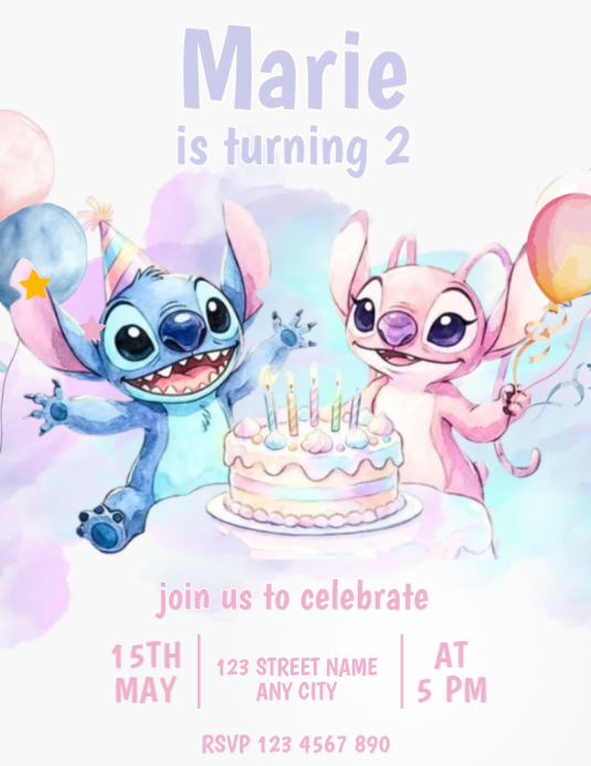 Modèle Editable Stitch and Angel Birthday Invitation | PosterMyWall