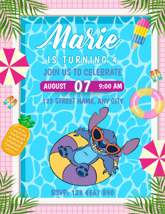 Editable Stitch Pool Party Birthday Invitation Template | PosterMyWall