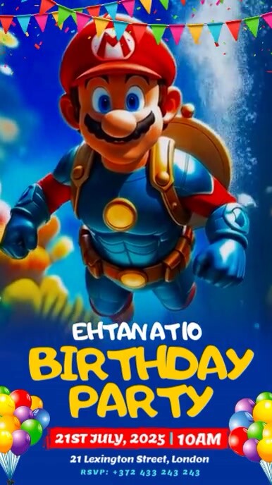 Editable Super Mario Kid's Birthday Event Video Flyer Invitation ...