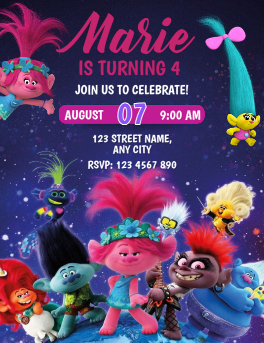 Editable Trolls Movie Birthday Invitation Template | PosterMyWall
