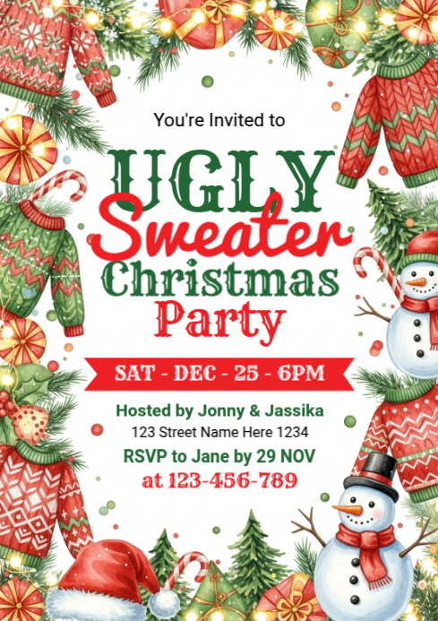 Editable Ugly Christmas Sweater Party Invitation Template | PosterMyWall
