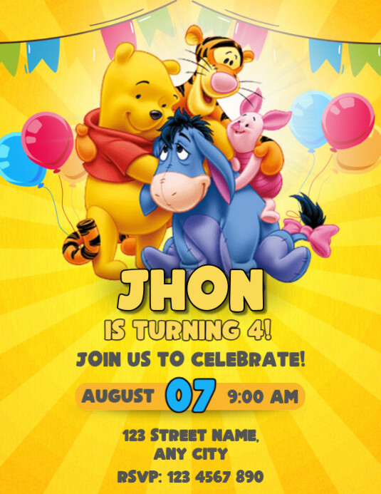 Modèle Editable Winnie the Pooh Birthday Invitation | PosterMyWall