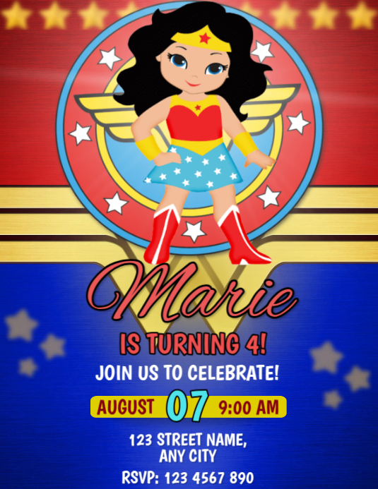 Editable Wonder Woman Birthday Party Invitation Template | PosterMyWall